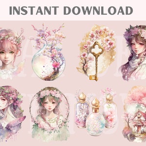 Watercolour Cherry Blossom Pixie Clipart - Pastel Fantasy PNG Digital Image Downloads for Card ...
