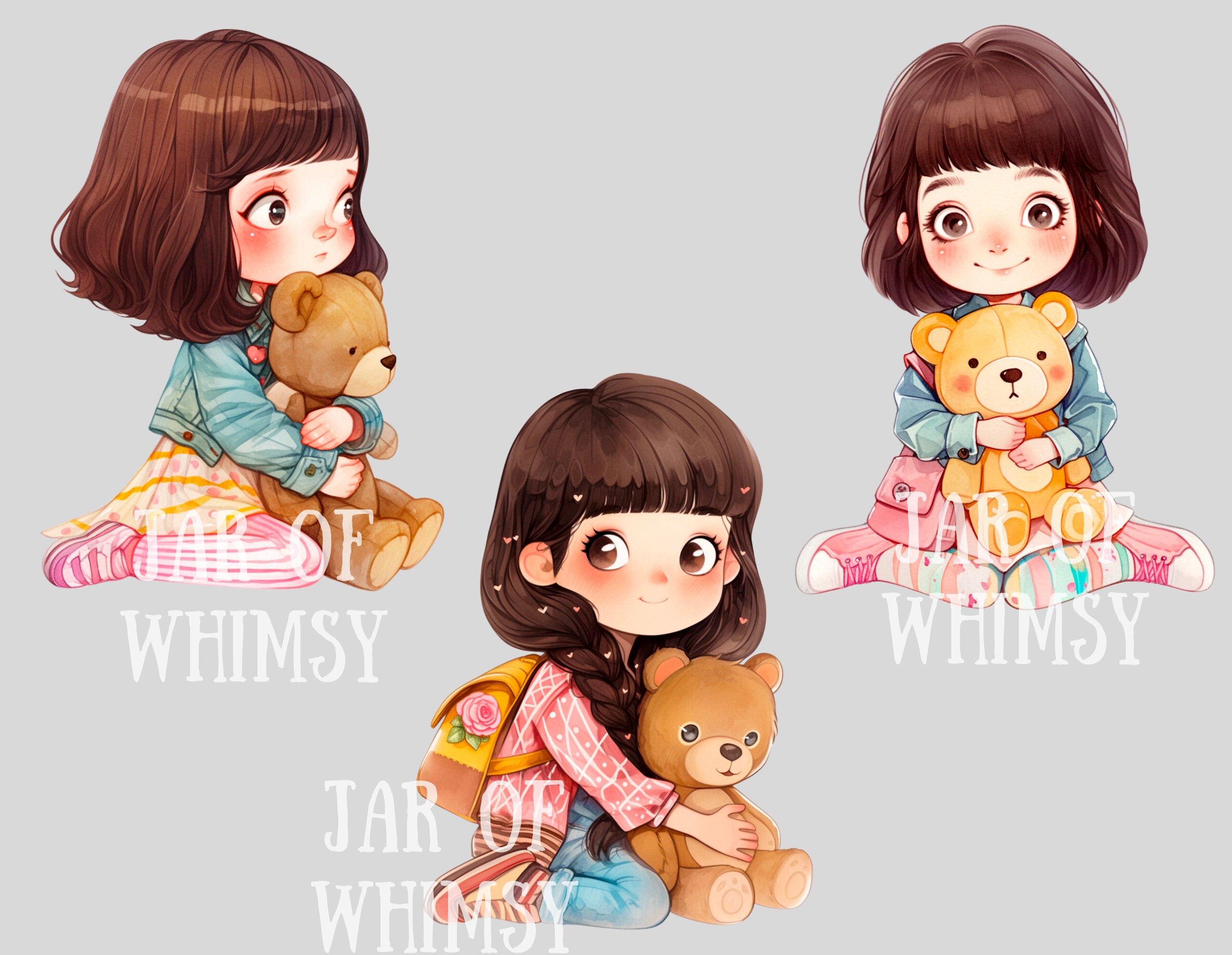 Watercolour Kawaii Bear Girl Clipart Cute Chibi Anime Girl PNG Digital ...