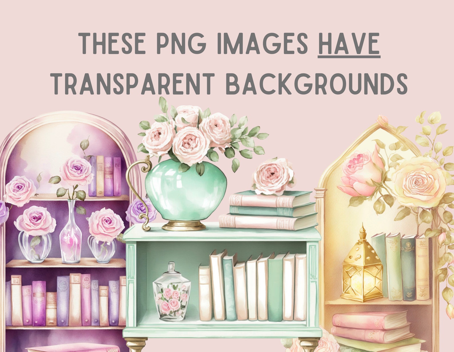 Watercolour Pastel Bookcase Clipart Bookshelf Bookworm PNG Digital ...