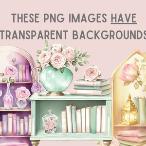 Watercolour Pastel Bookcase Clipart Bookshelf Bookworm PNG Digital ...