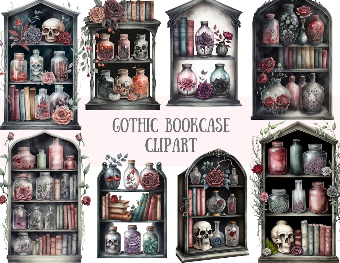 Watercolour Gothic Bookcase Clipart Bookshelf Bookworm PNG Digital ...