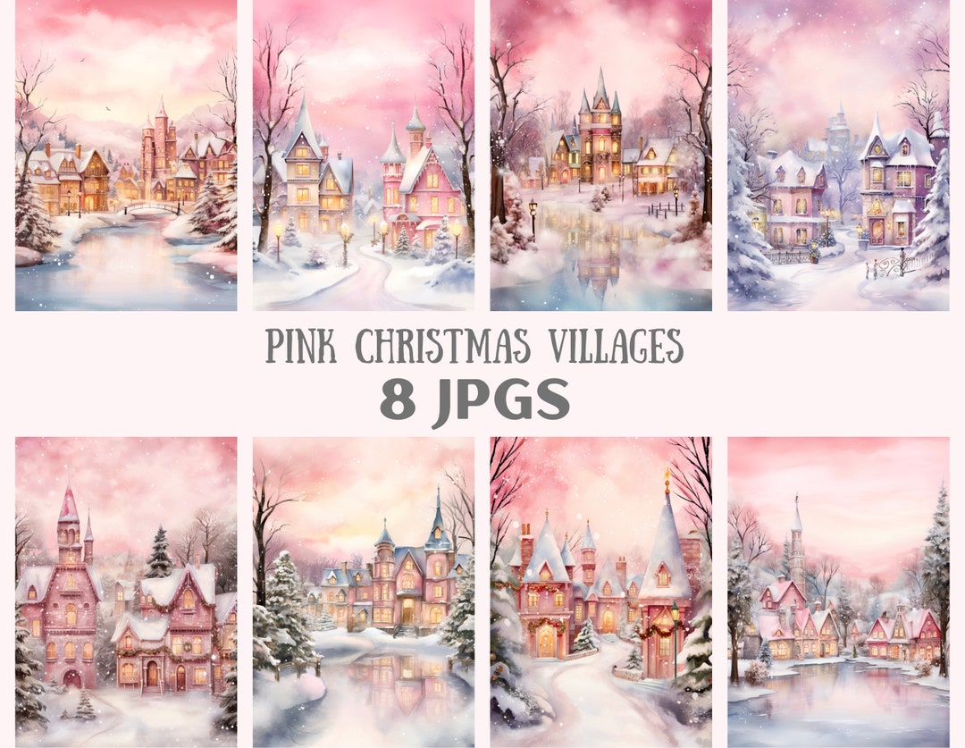 Watercolour Pink Christmas Village Clipart JPG Digital Image Downloads ...