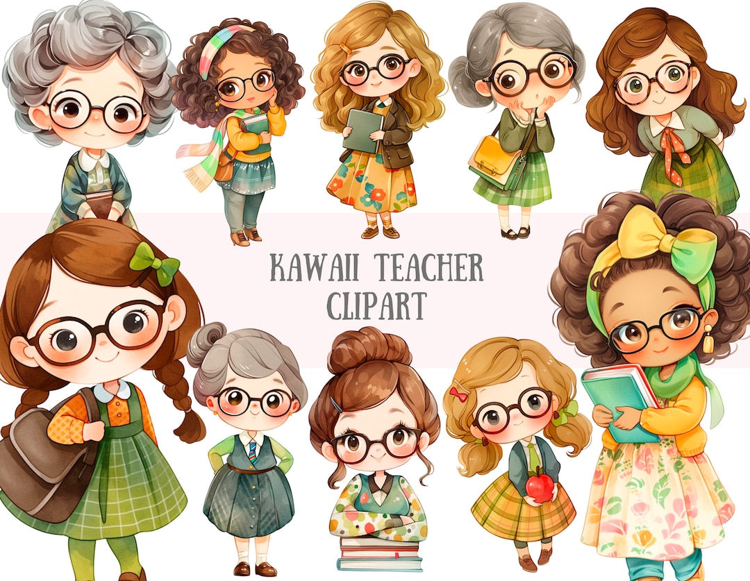 Watercolour Kawaii Teacher Clipart Cute Chibi Teacher Girl PNG Digital ...