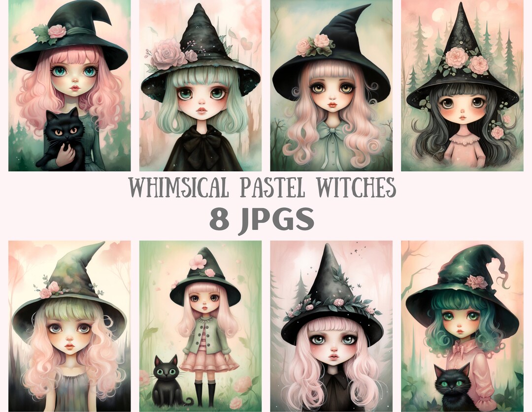 Watercolour Whimsical Pastel Witch Clipart Mint Pink Witch JPG Digital ...