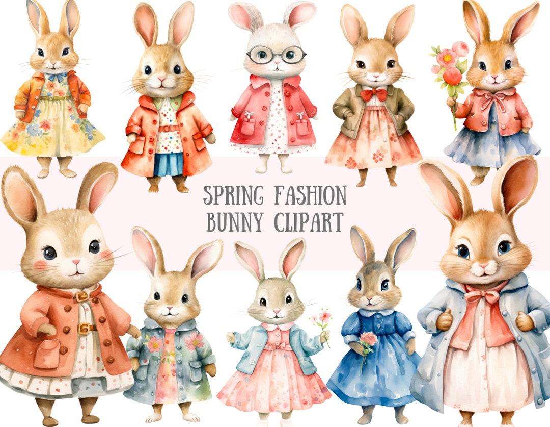 Watercolour Spring Fashion Bunnies Clipart Cute Bunny Rabbit PNG ...