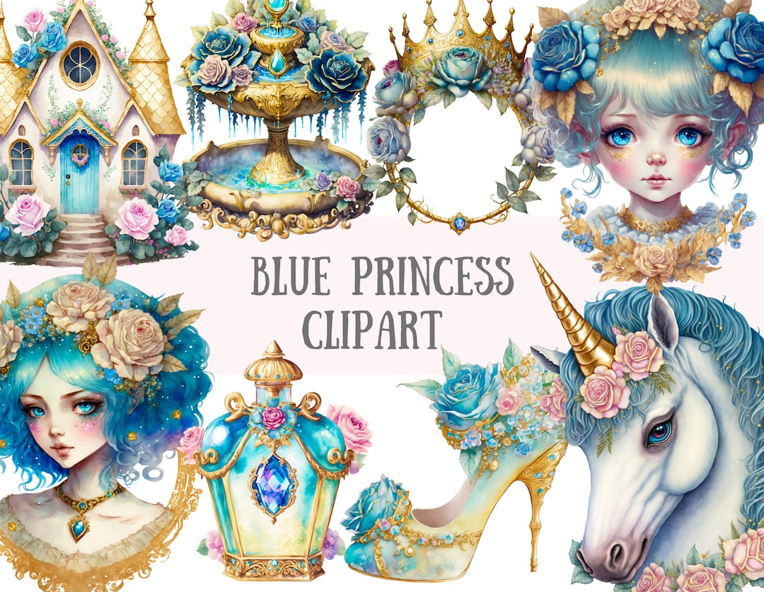 Watercolour Blue Princess Clipart - Fairytale Fantasy PNG Digital Image ...
