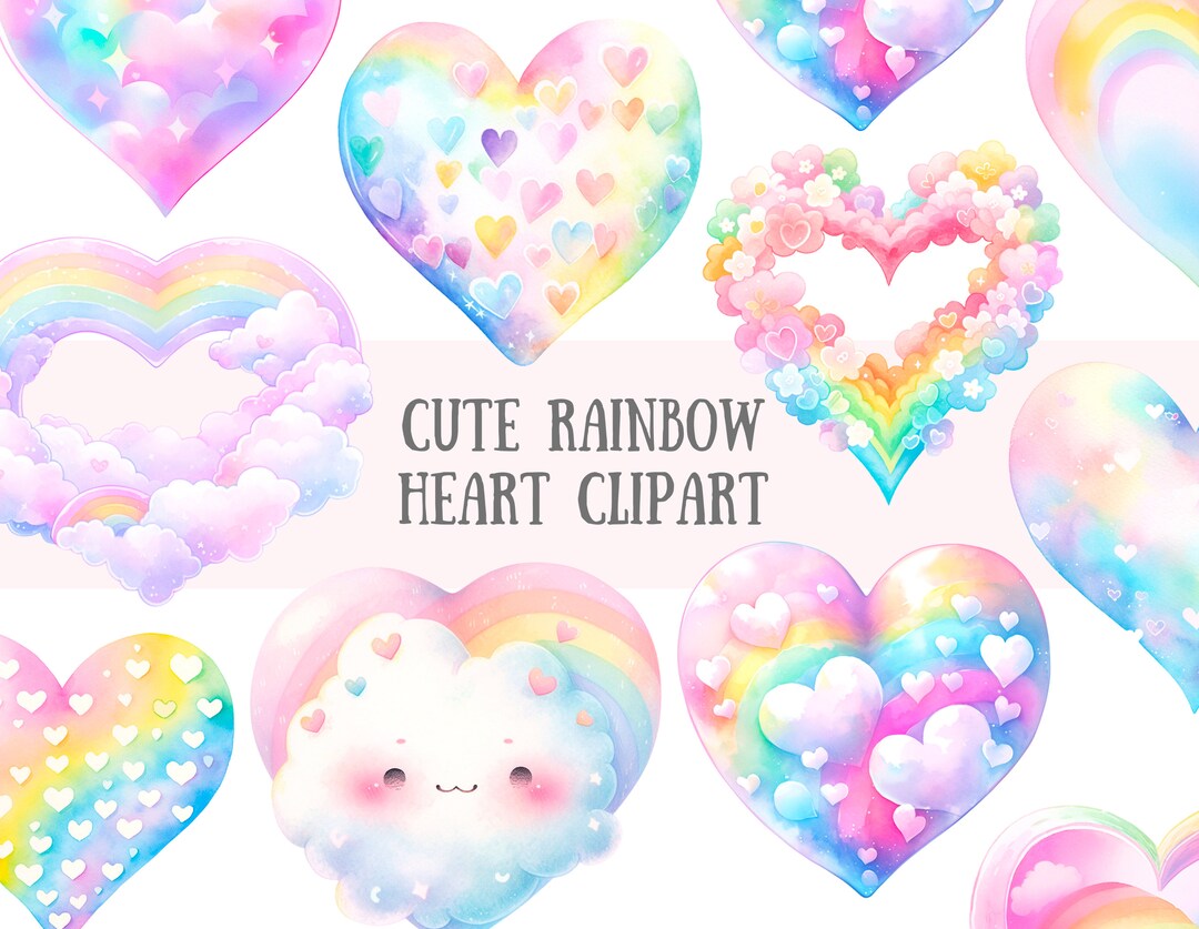 Watercolour Cute Rainbow Heart Clipart Cute Valentines Day PNG Digital ...