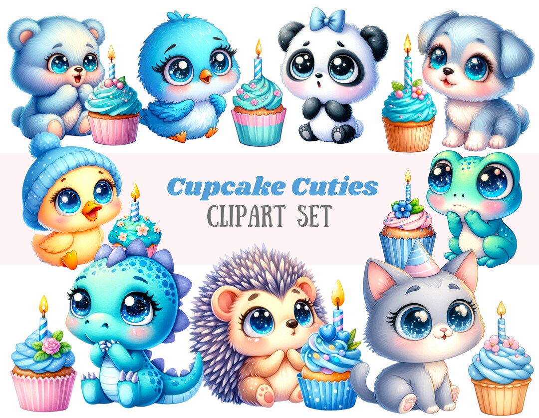 Watercolour Blue Cupcake Animal Clipart First Birthday Cupcake PNG ...
