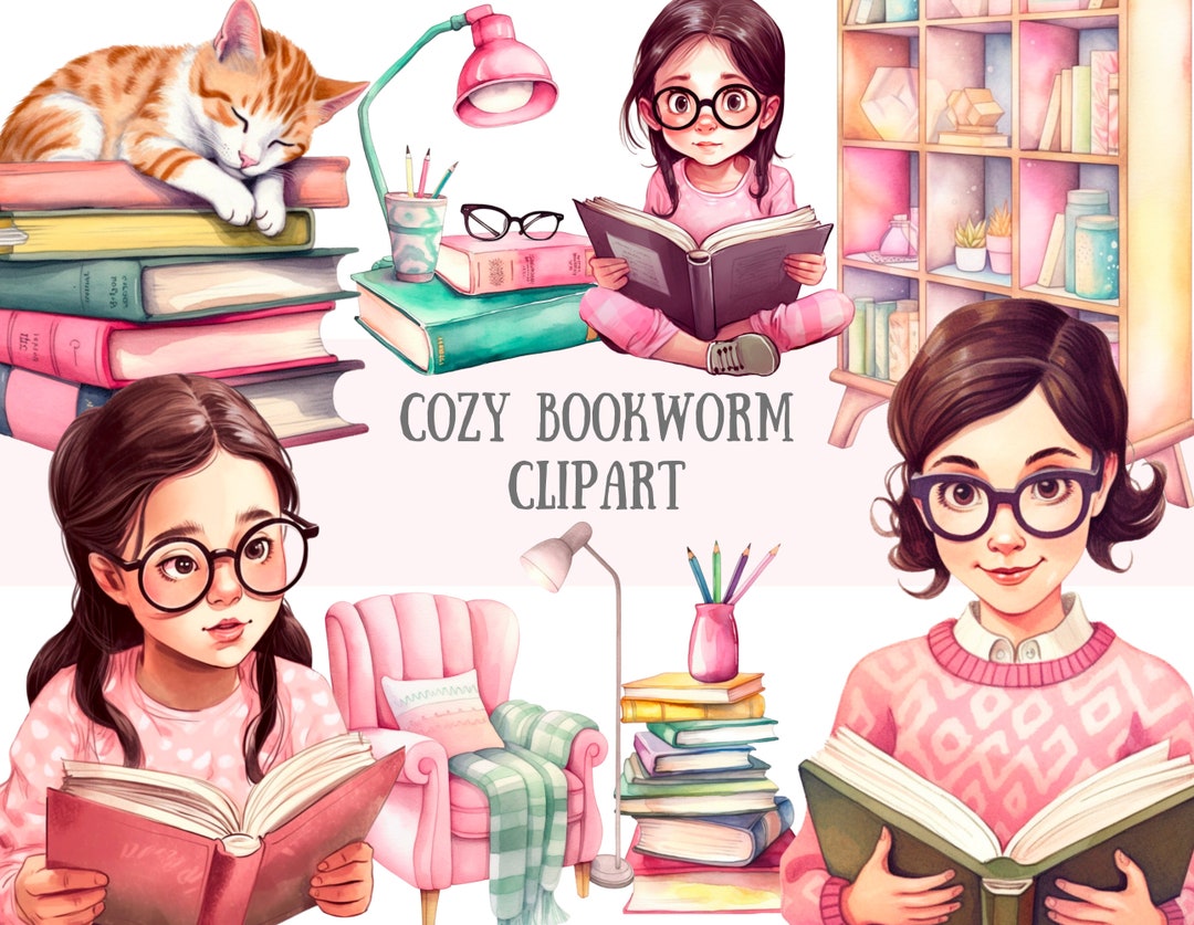 Watercolour Cozy Bookworm Clipart Book Lover Booknook PNG Digital Image ...