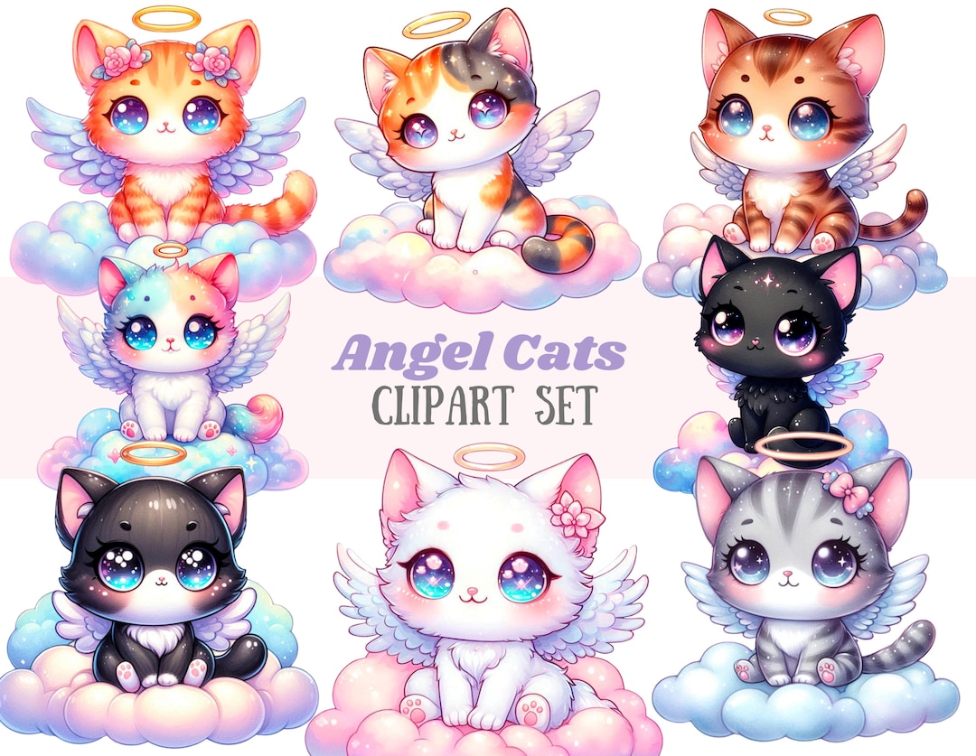 Watercolour Angel Cat Clipart Cute Kitty Cats in Heaven PNG Digital ...