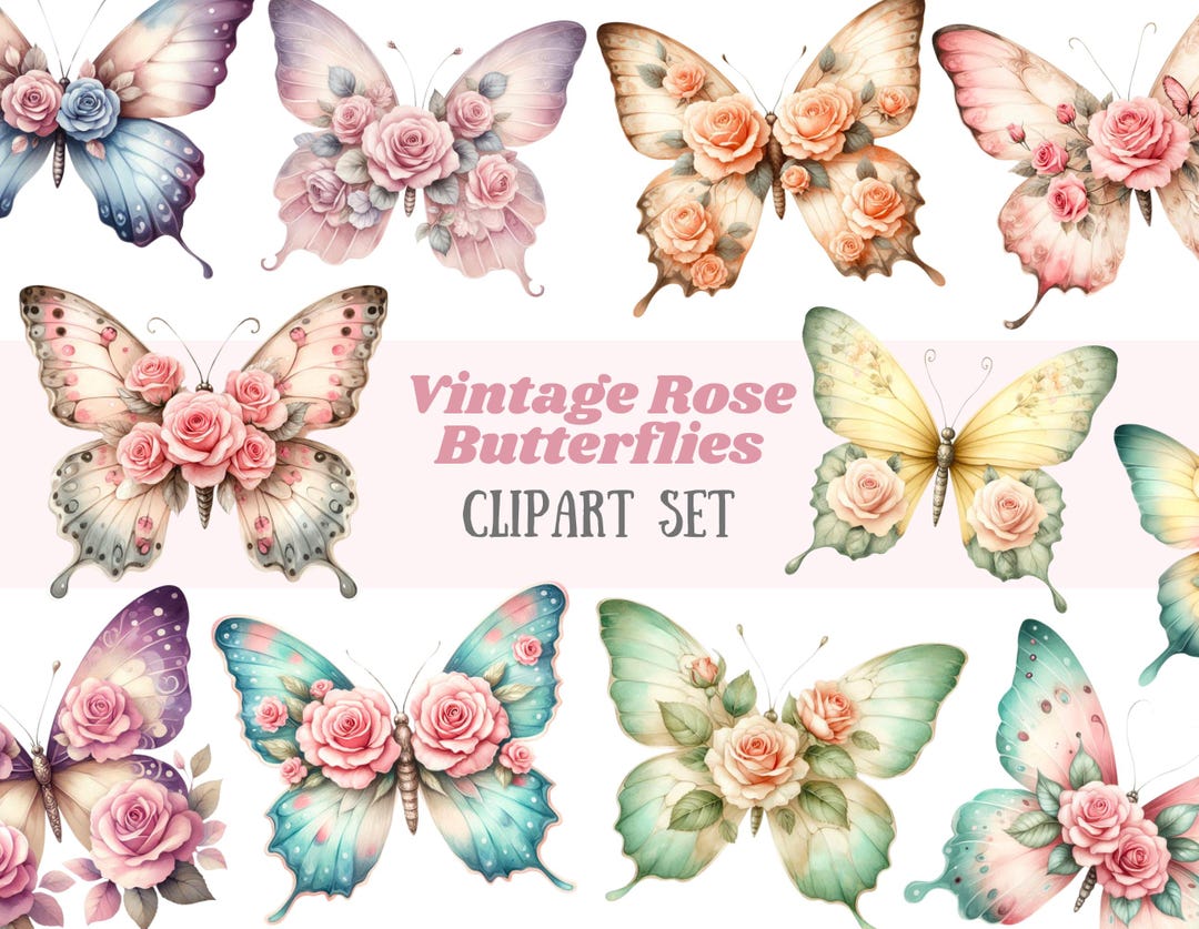 Watercolour Vintage Rose Butterfly Clipart Shabby Chic Moth PNG Digital ...