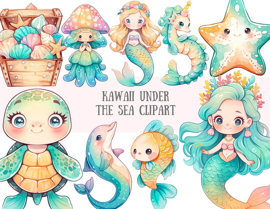 Watercolour Kawaii Under the Sea Clipart Cute Chibi Mermaid PNG Digital ...
