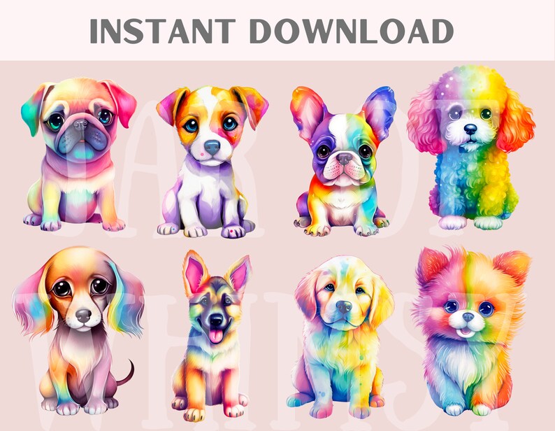 Watercolour Bright Rainbow Dogs Clipart Kawaii Puppy PNG - Etsy