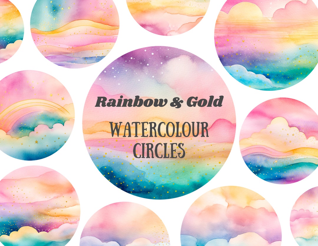 Rainbow and Gold Watercolour Circles Clipart Clouds Sunset PNG Digital ...