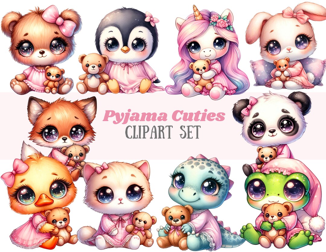 Watercolour Pyjama Animal Clipart Bed Time Nursery Animal PNG Digital ...