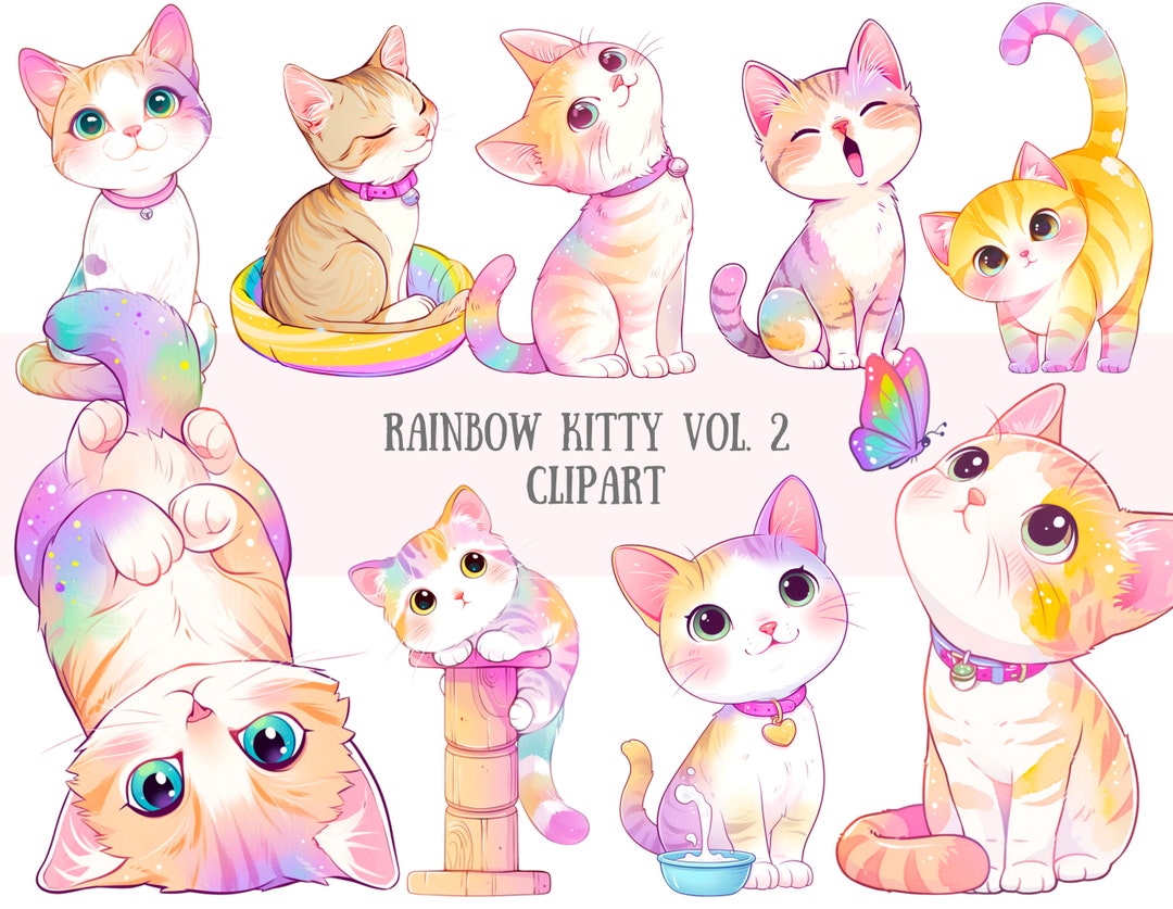 Watercolour Rainbow Kitty Clipart Cute Rainbow Cat PNG Digital Image ...