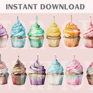 Watercolour Birthday Candle Cupcake Clipart Birthday Cake PNG Digital ...