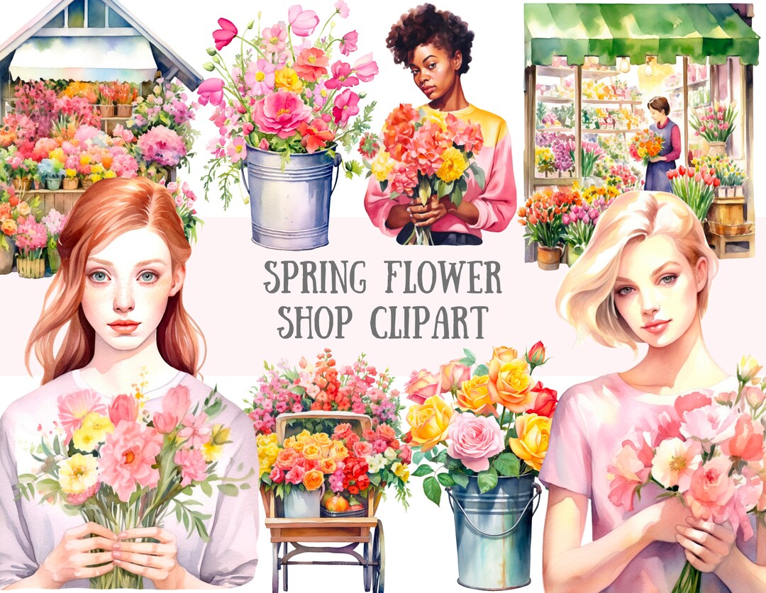 Watercolour Spring Flower Shop Clipart Florist Girl PNG Digital Image ...
