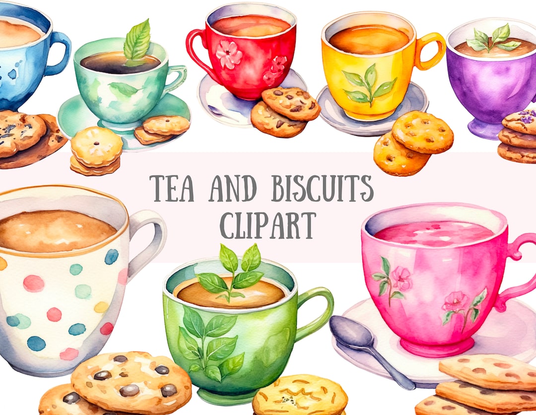 Watercolour Tea and Biscuits Clipart Cookie Morning Tea PNG Digital Image Downloads for Card ...