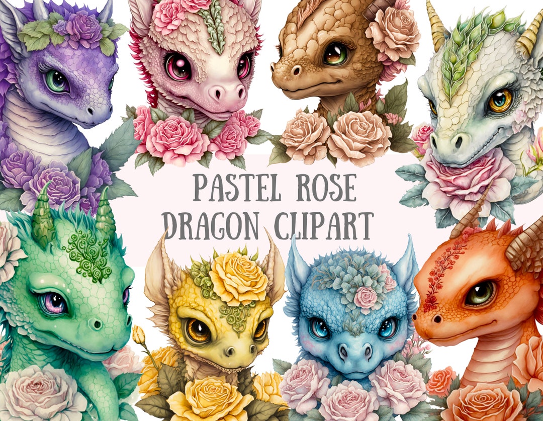 Watercolour Pretty Pastel Rose Dragon Clipart - Fantasy PNG Digital ...