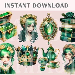 Watercolour Emerald Green Princess Clipart Fairytale Fantasy PNG ...