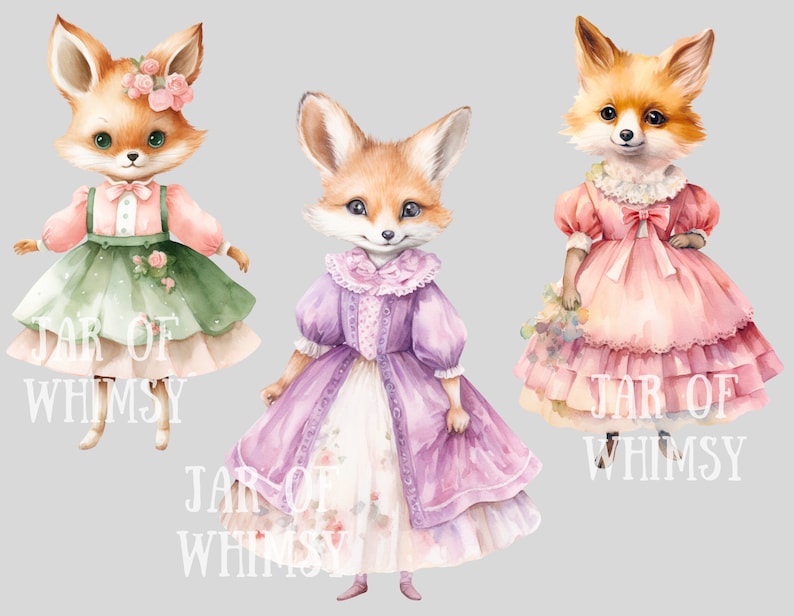 Watercolour Vintage Fox Girl Clipart Fairytale Fox Fashion PNG Digital ...