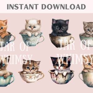 Watercolour Vintage Teacup Kittens Clipart - Kawaii Cat PNG Digital ...