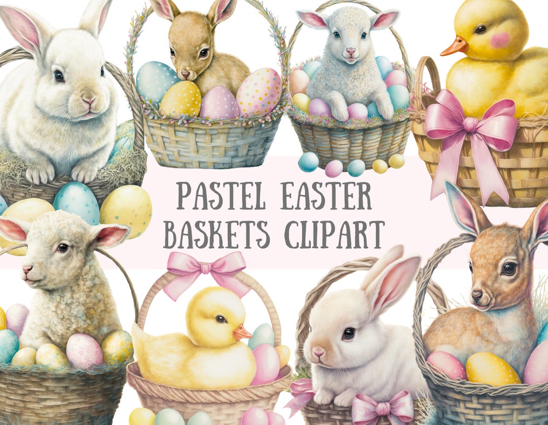 Watercolour Pastel Easter Basket Clipart - Easter Bunnies PNG Digital ...