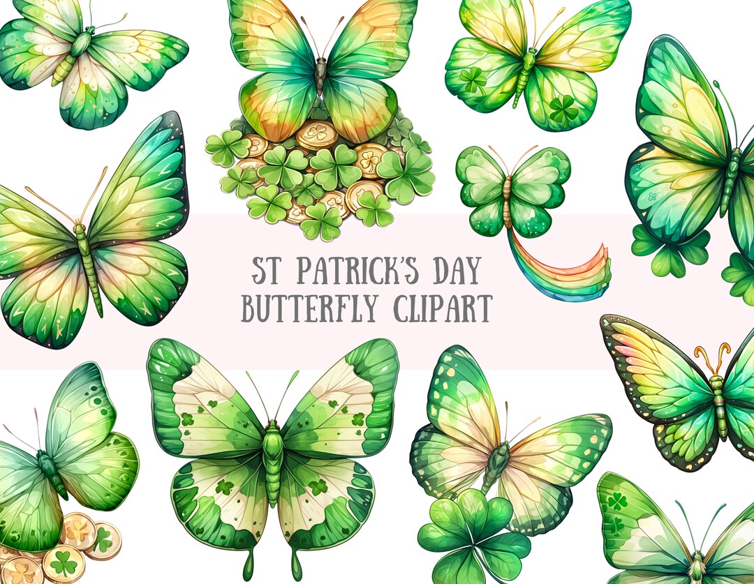 Watercolour St Patricks Day Butterfly Clipart Four Leaf Clover PNG ...