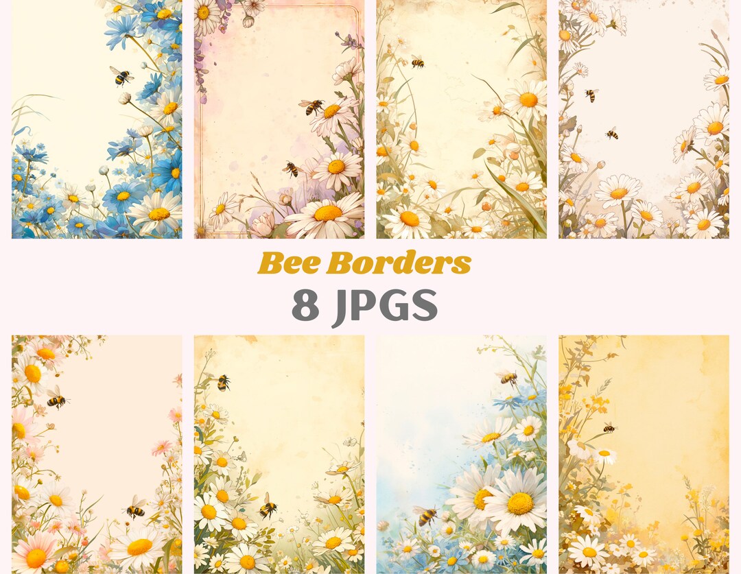 Watercolour Bee Border Clipart Overgrown Daisy Garden JPG Digital Image ...