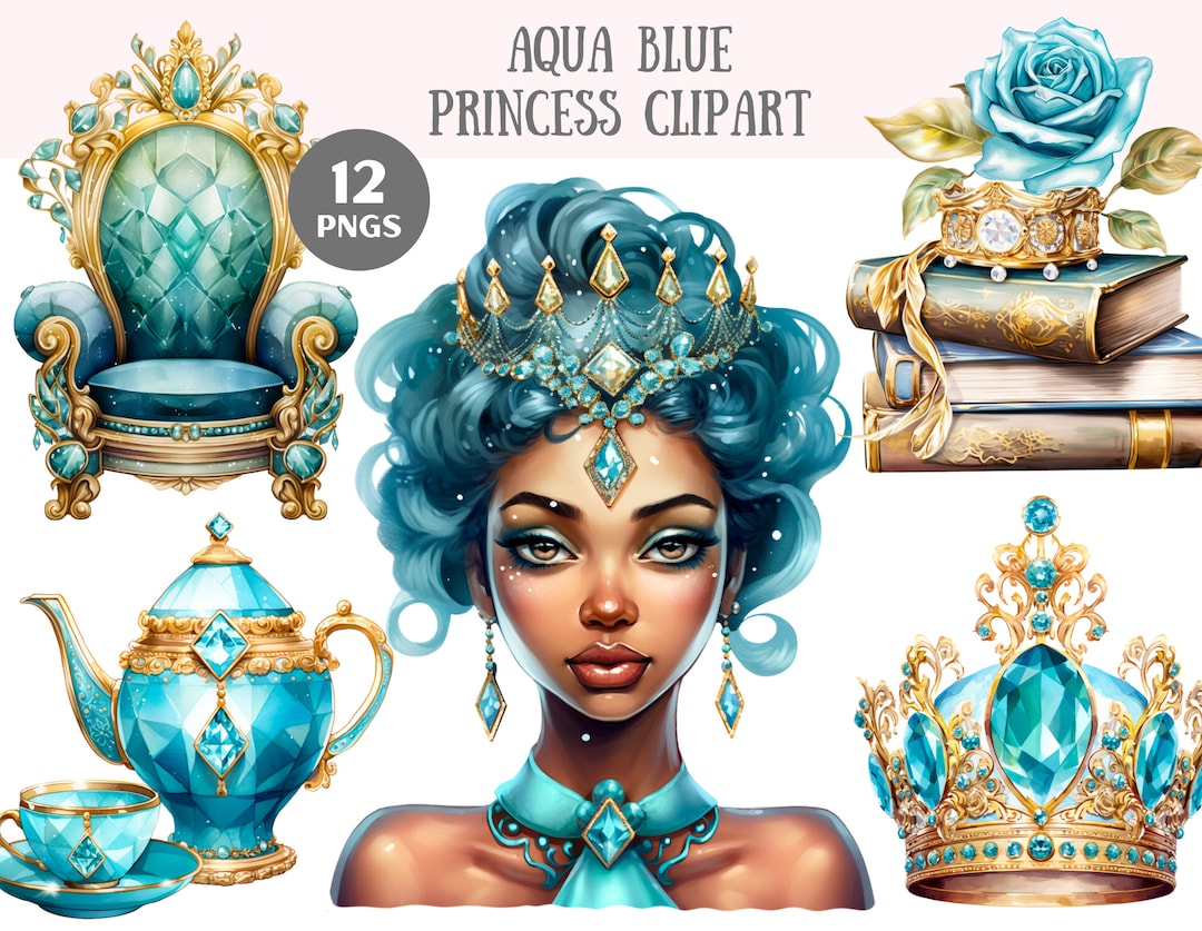 Watercolour Aqua Blue Princess Clipart Fantasy Illustration PNG Digital ...