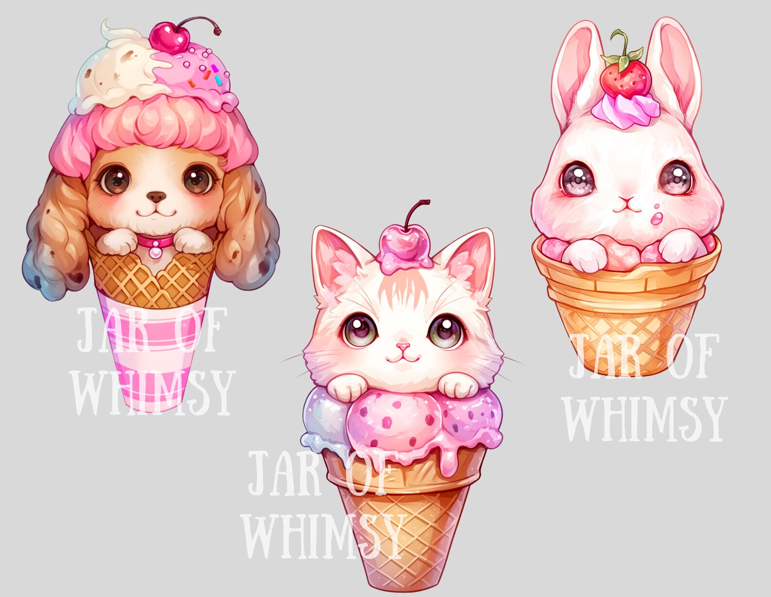 Watercolour Kawaii Ice Cream Animal Clipart Chibi Sundae PNG Digital ...
