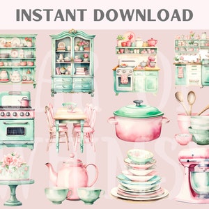 Watercolour Shabby Chic Kitchen Clipart Retro Baking PNG Digital Image ...