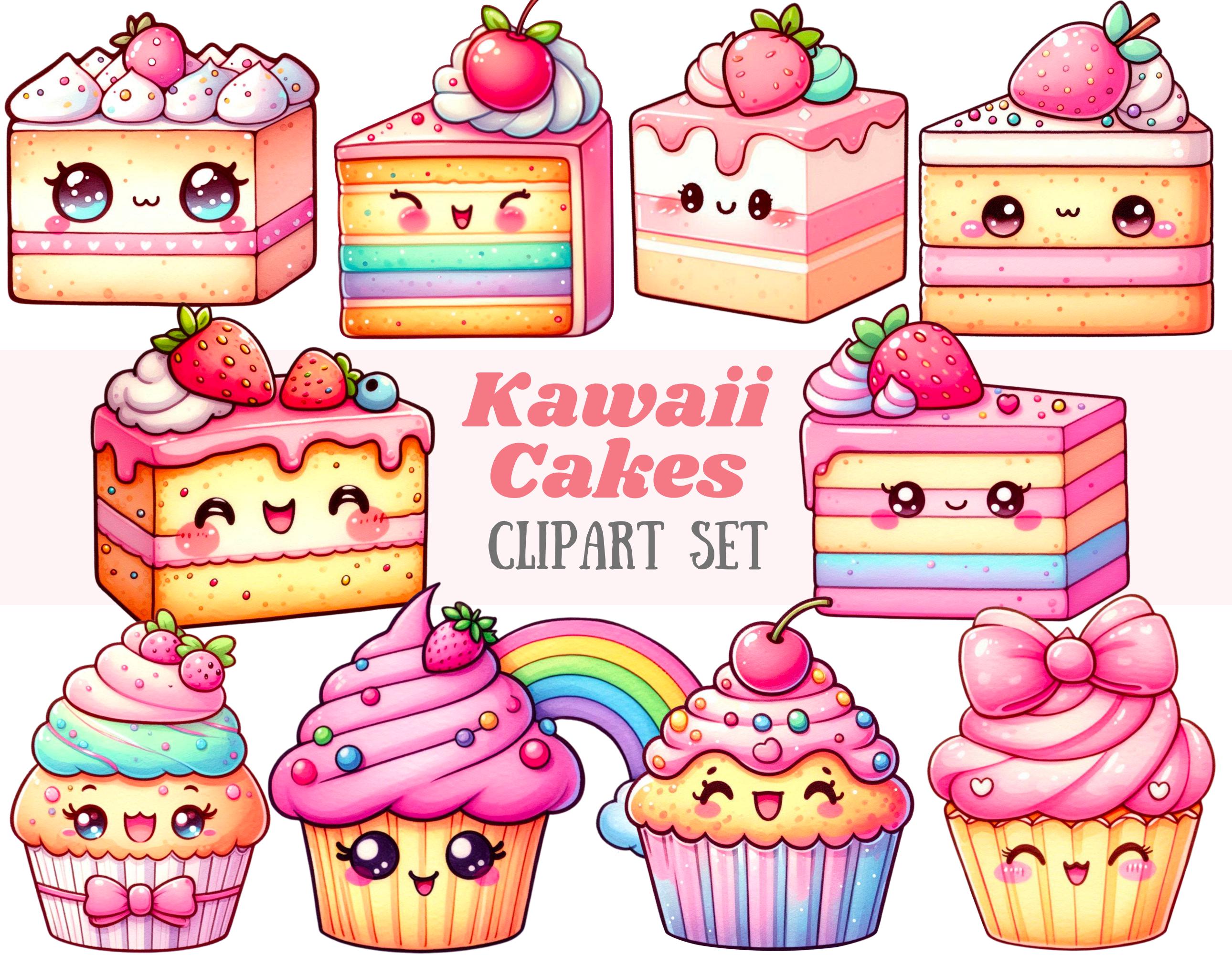 Watercolour Kawaii Cake Clipart Cute Chibi Cupcake PNG Digital Image ...