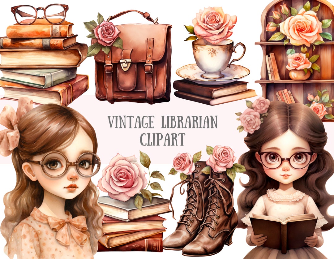 Watercolour Vintage Librarian Clipart Book Lover PNG Digital Image ...