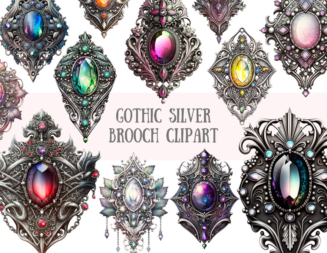 Watercolour Gothic Silver Brooch Clipart Gemstone Jewelry PNG Digital ...