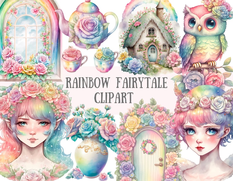 Watercolour Rainbow Fairytale Clipart Fantasy PNG Digital - Etsy