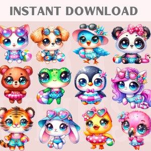 Watercolour Pool Party Animal Clipart Cute Beach Animals PNG Digital ...