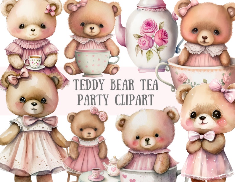 Watercolour Teddy Bear Tea Party Clipart - Pink Baby Bear PNG Digital ...