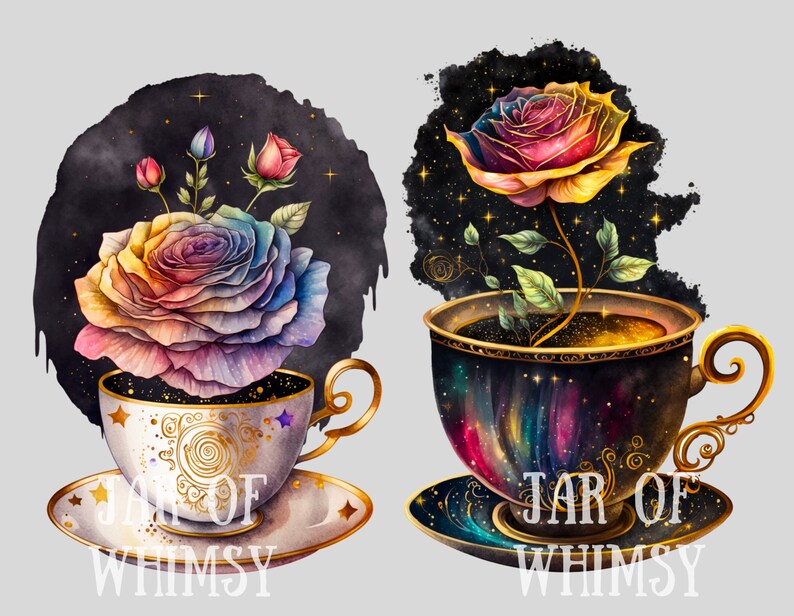 Watercolour Galaxy Rose Teacup Clipart Fantasy Tea Party PNG Digital ...