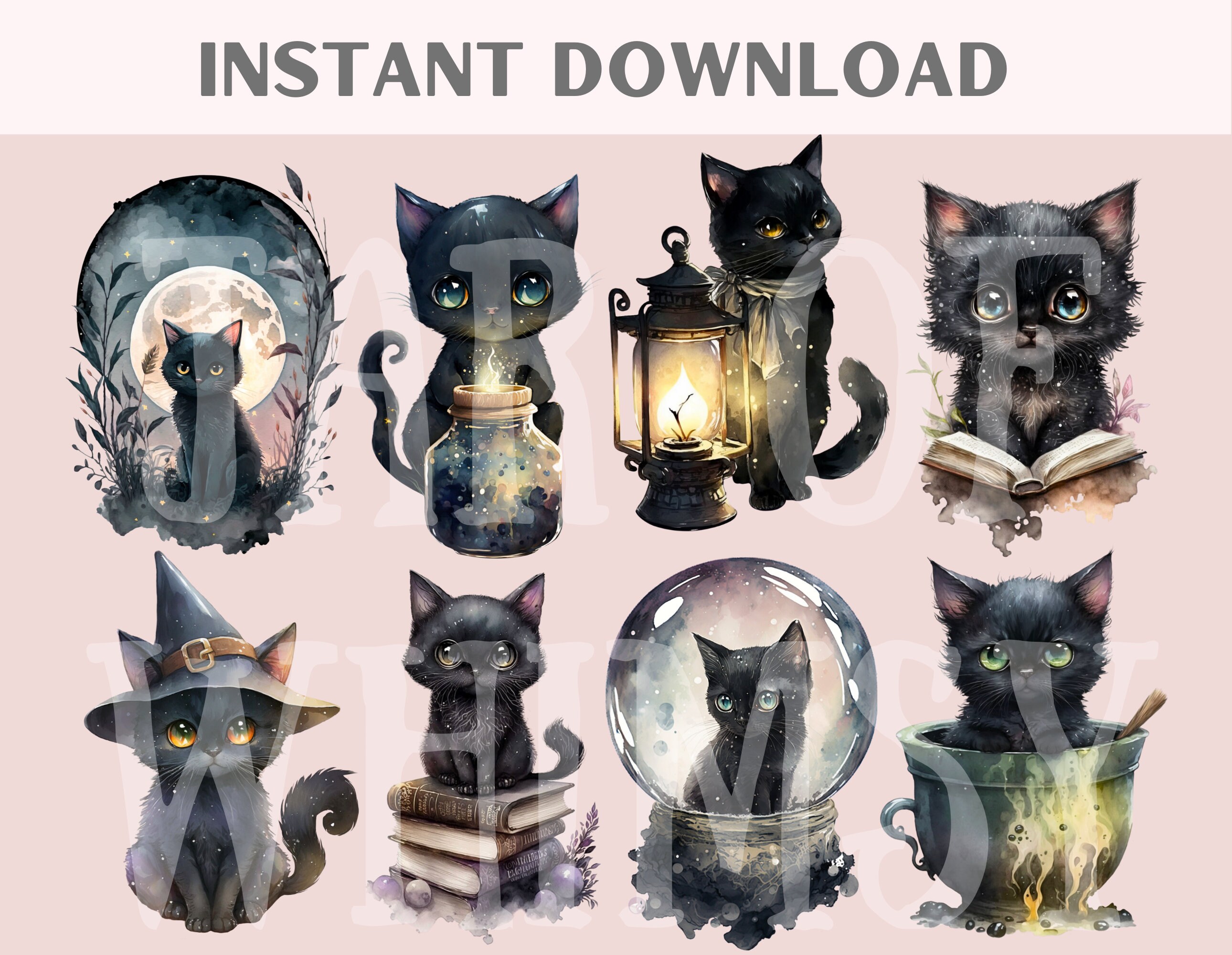 Watercolour Witchy Black Cat Clipart Halloween Cats PNG - Etsy