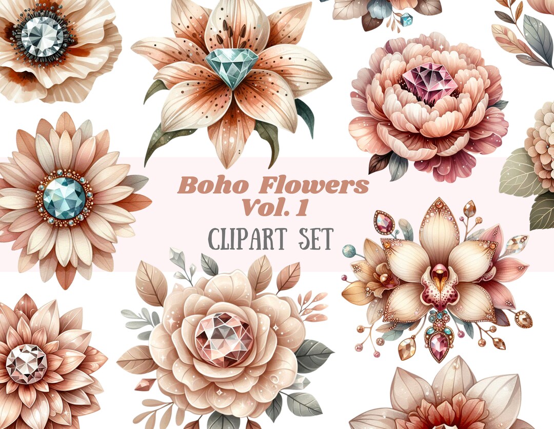 Watercolour Boho Flowers Clipart Autumn Flower Elements PNG Digital ...