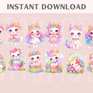 Watercolour Kawaii Spring Cat Clipart Cute Chibi Cat PNG Digital Image ...