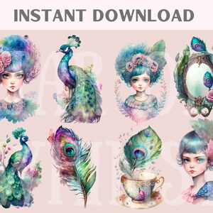 Watercolour Peacock Princess Clipart Peacock Fantasy PNG Digital Image ...