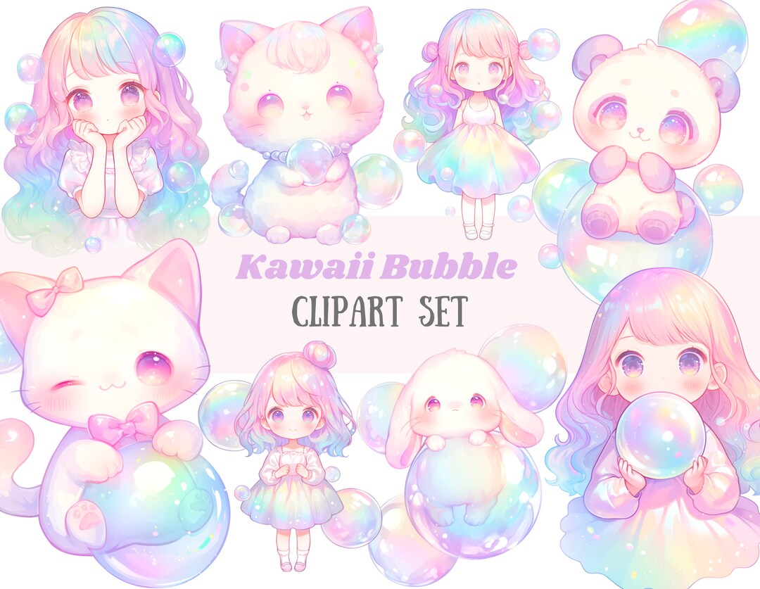 Watercolour Kawaii Bubble Clipart Irridescent Bubble Animals PNG ...