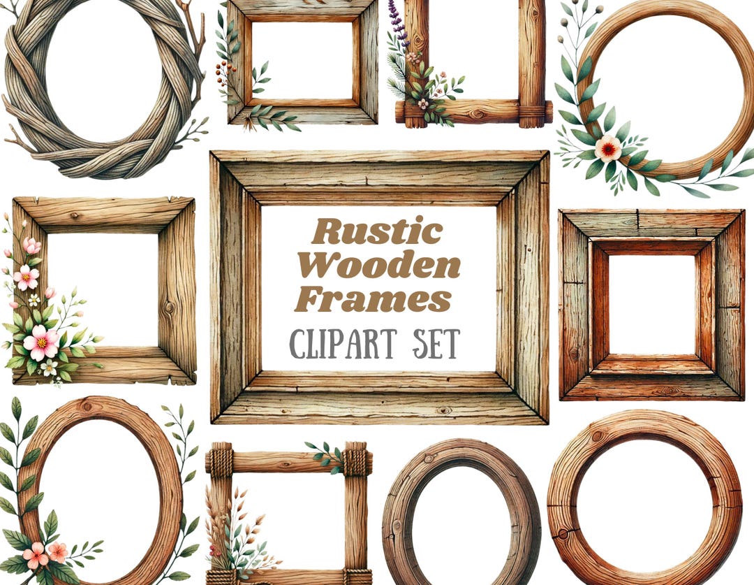 Watercolour Rustic Wooden Frame Clipart Natural Wood Frames PNG Digital ...