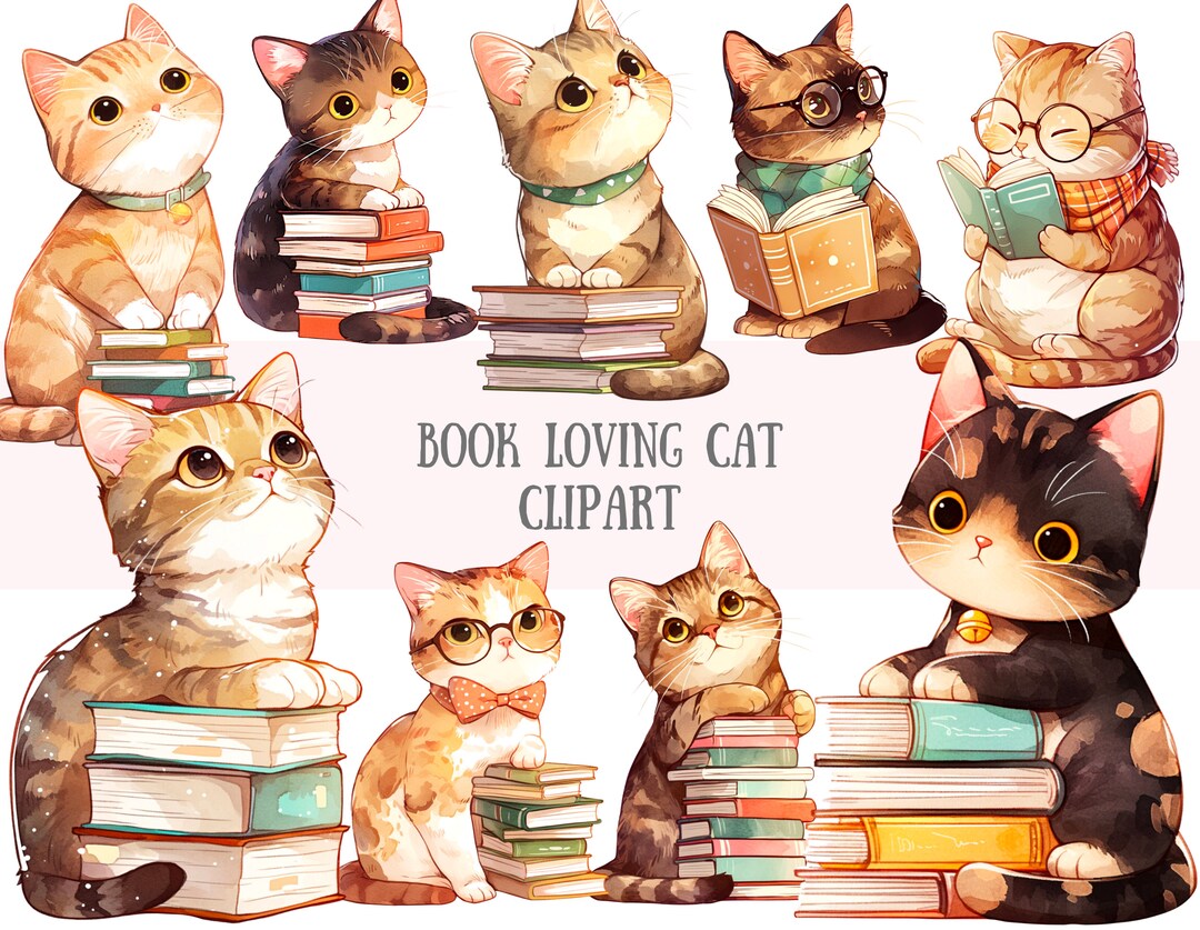 Watercolour Book Loving Cat Clipart Cats Reading PNG Digital Image ...