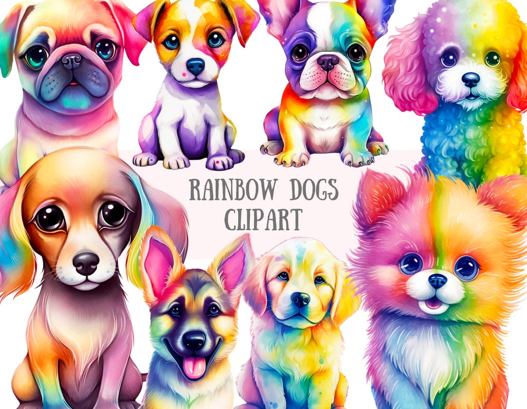 Watercolour Bright Rainbow Dogs Clipart Kawaii Puppy PNG Digital Image Downloads for Card Making ...