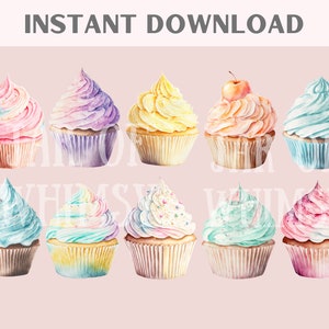 Watercolour Pastel Cupcake Clipart - Rainbow Birthday Cake PNG Digital ...