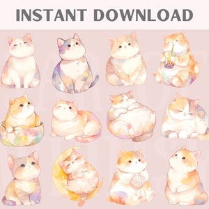 Watercolour Kawaii Fat Cat Clipart Cute Chubby Chonk Cat PNG Digital ...